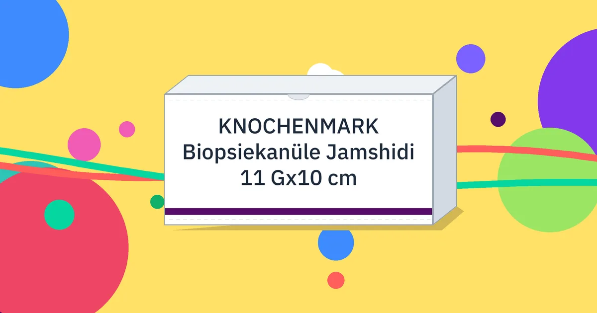 Symbolbild: Packung mit der Aufschrift KNOCHENMARK Biopsiekanüle Jamshidi 11 Gx10 cm (PZN 07098261) – Verfügbarkeit und Bezug in Apotheken in Frankfurt am Main