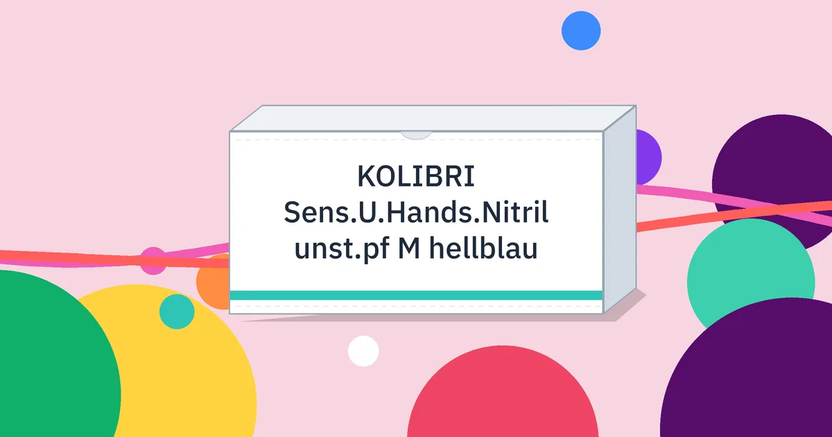 Symbolbild: Packung mit der Aufschrift KOLIBRI Sens.U.Hands.Nitril unst.pf M hellblau (PZN 19884792) – Verfügbarkeit und Bezug in Apotheken in Frankfurt am Main