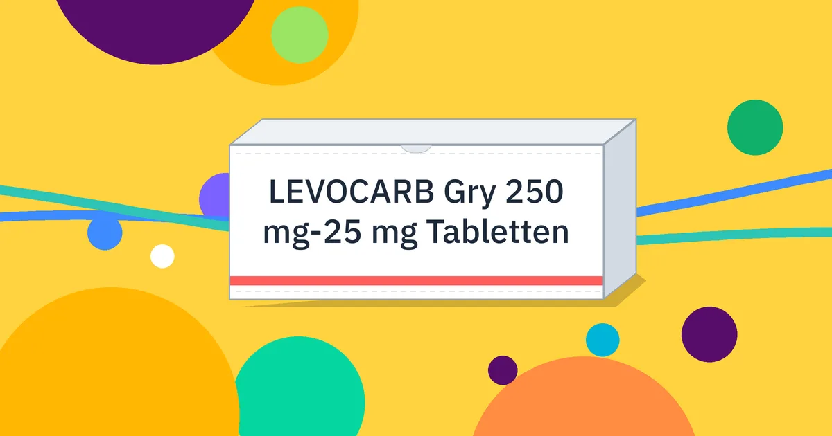 Symbolbild: Packung mit der Aufschrift LEVOCARB Gry 250 mg-25 mg Tabletten (PZN 08789843) – Verfügbarkeit und Bezug in Apotheken in Frankfurt am Main