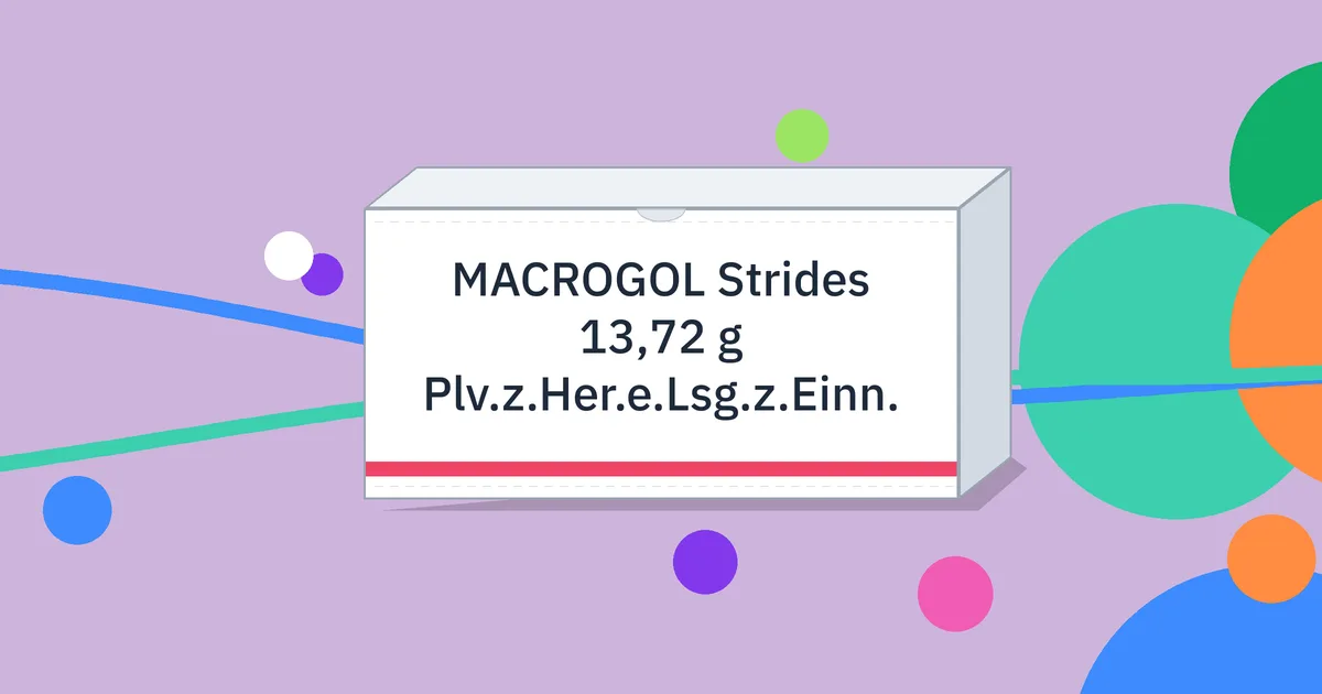 Symbolbild: Packung mit der Aufschrift MACROGOL Strides 13,72 g Plv.z.Her.e.Lsg.z.Einn. (PZN 15890531) – Verfügbarkeit und Bezug in Apotheken in Frankfurt am Main