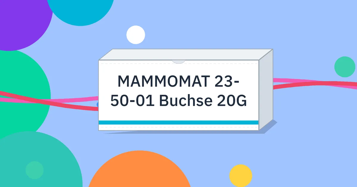 Symbolbild: Packung mit der Aufschrift MAMMOMAT 23-50-01 Buchse 20G (PZN 03483364) – Verfügbarkeit und Bezug in Apotheken in Frankfurt am Main