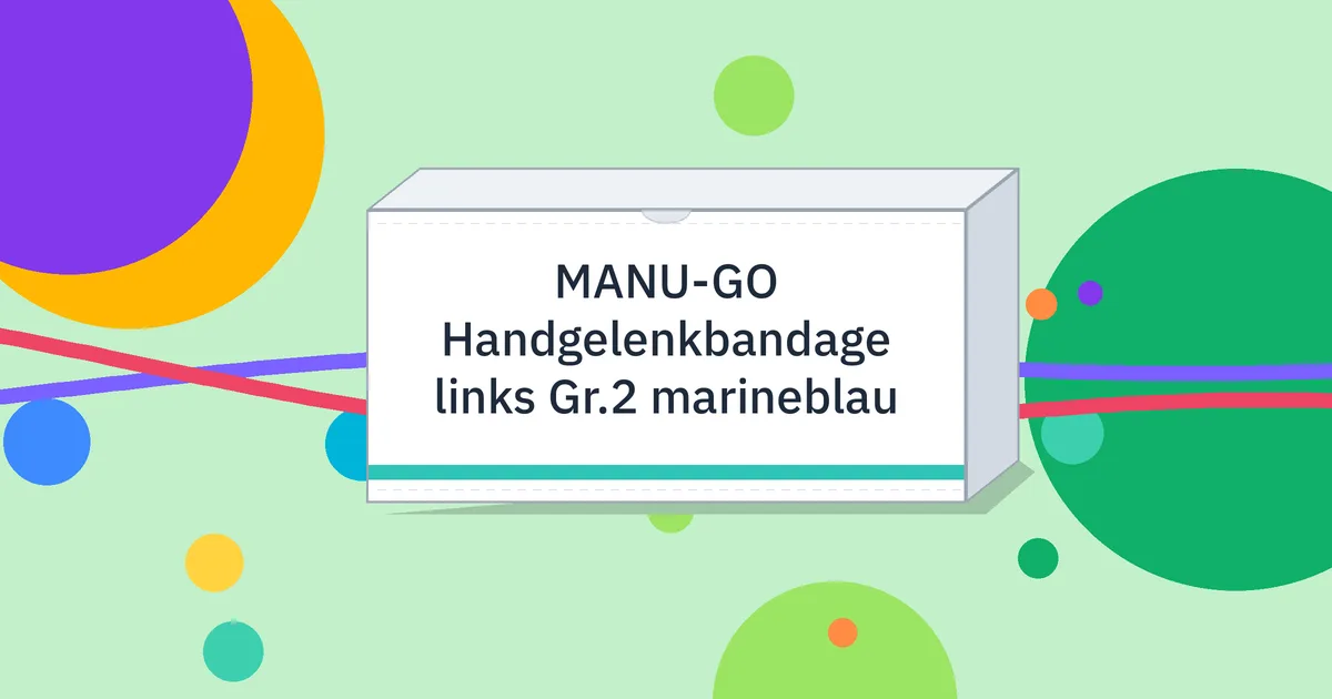 Symbolbild: Packung mit der Aufschrift MANU-GO Handgelenkbandage links Gr.2 marineblau (PZN 19742543) – Verfügbarkeit und Bezug in Apotheken in Frankfurt am Main