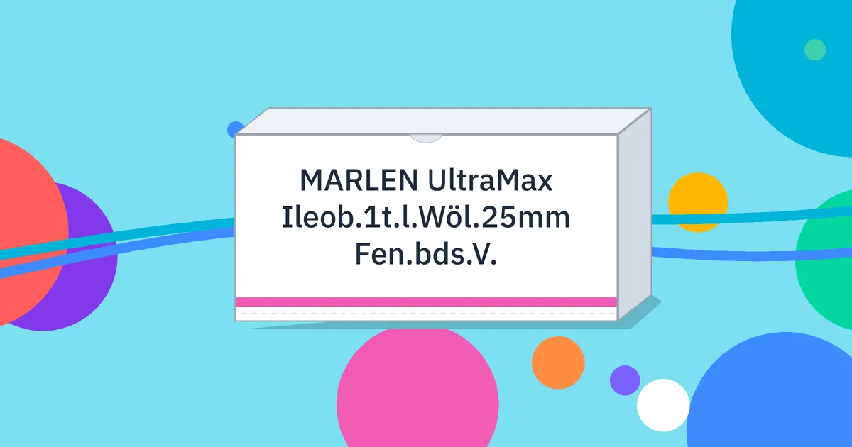 Symbolbild: Packung mit der Aufschrift MARLEN UltraMax Ileob.1t.l.Wöl.25mm Fen.bds.V. (PZN 00625616) – Verfügbarkeit und Bezug in Apotheken in Frankfurt am Main