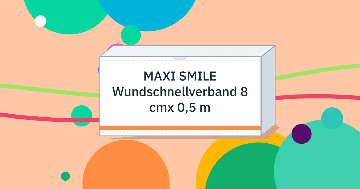 Symbolbild: Packung mit der Aufschrift MAXI SMILE Wundschnellverband 8 cmx 0,5 m (PZN 20128564) – Verfügbarkeit und Bezug in Apotheken in Frankfurt am Main