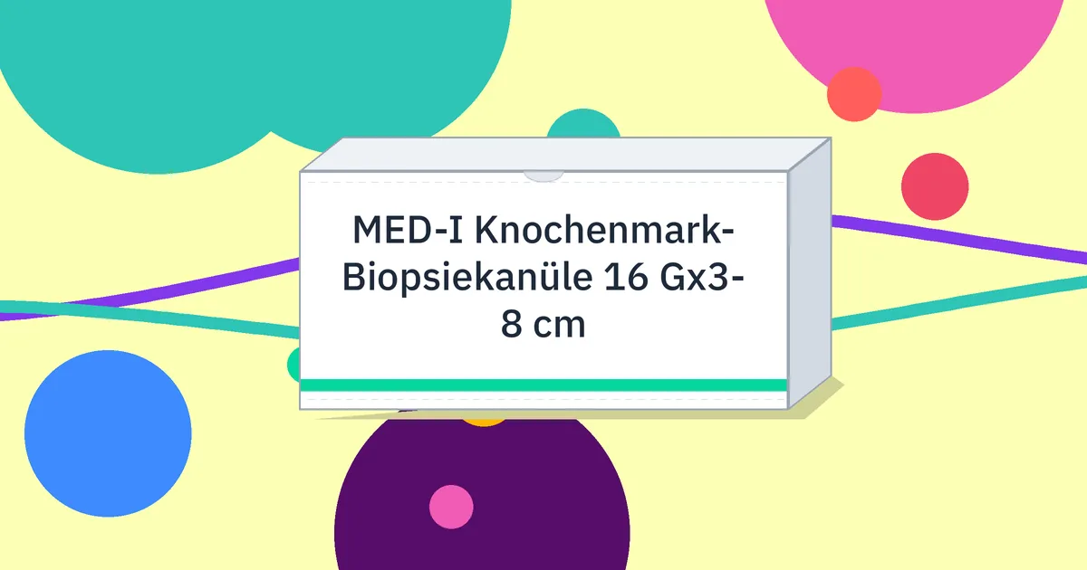 Symbolbild: Packung mit der Aufschrift MED-I Knochenmark-Biopsiekanüle 16 Gx3-8 cm (PZN 19774514) – Verfügbarkeit und Bezug in Apotheken in Frankfurt am Main