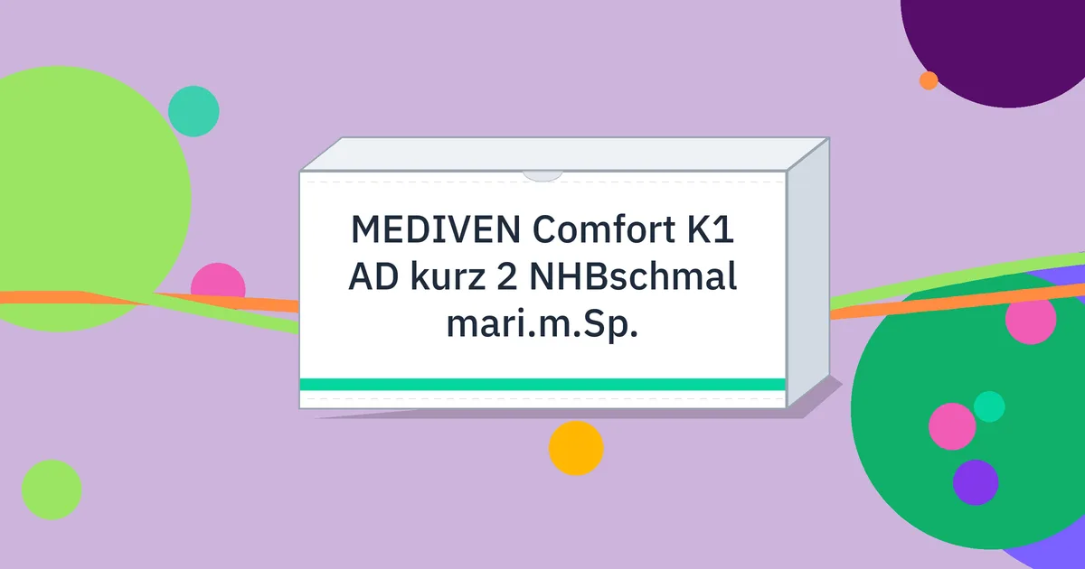 Symbolbild: Packung mit der Aufschrift MEDIVEN Comfort K1 AD kurz 2 NHBschmal mari.m.Sp. (PZN 14558384) – Verfügbarkeit und Bezug in Apotheken in Frankfurt am Main
