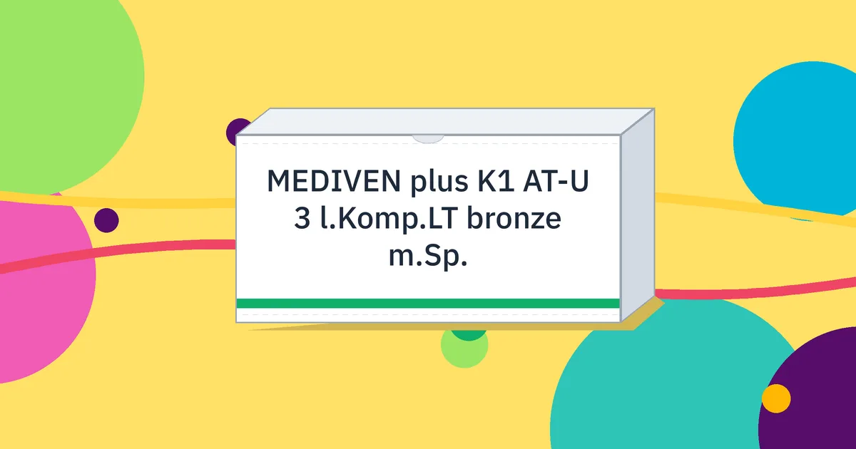 Symbolbild: Packung mit der Aufschrift MEDIVEN plus K1 AT-U 3 l.Komp.LT bronze m.Sp. (PZN 15033672) – Verfügbarkeit und Bezug in Apotheken in Frankfurt am Main