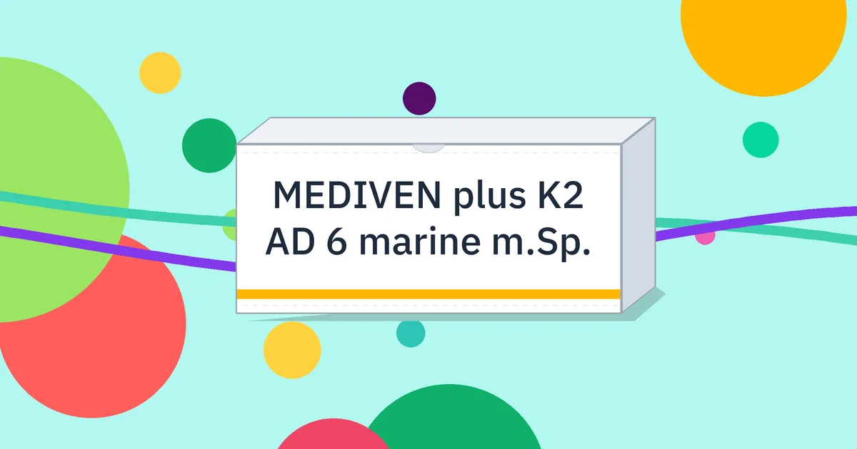 Symbolbild: Packung mit der Aufschrift MEDIVEN plus K2 AD 6 marine m.Sp. (PZN 15092485) – Verfügbarkeit und Bezug in Apotheken in Frankfurt am Main