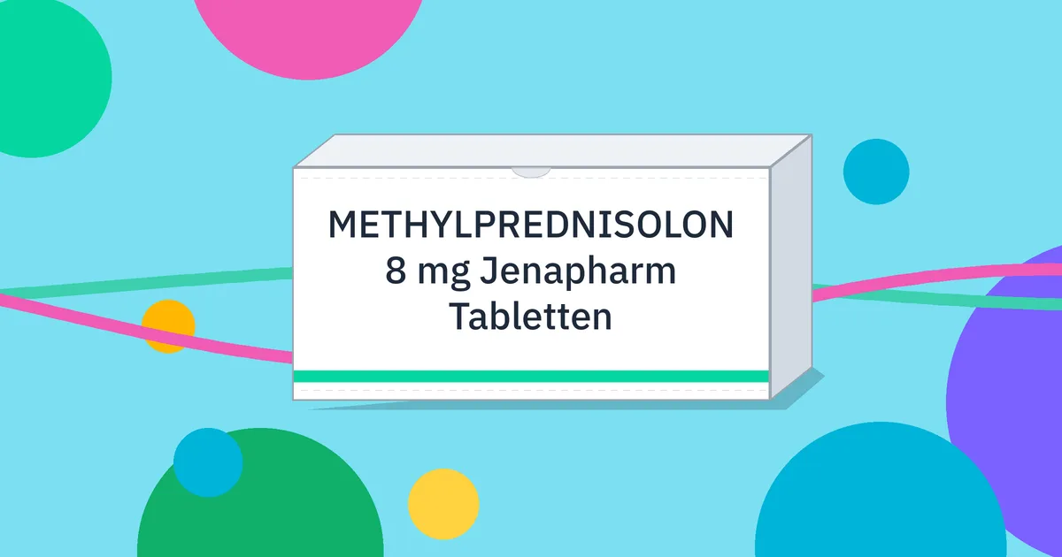 Symbolbild: Packung mit der Aufschrift METHYLPREDNISOLON 8 mg Jenapharm Tabletten (PZN 08424188) – Verfügbarkeit und Bezug in Apotheken in Frankfurt am Main
