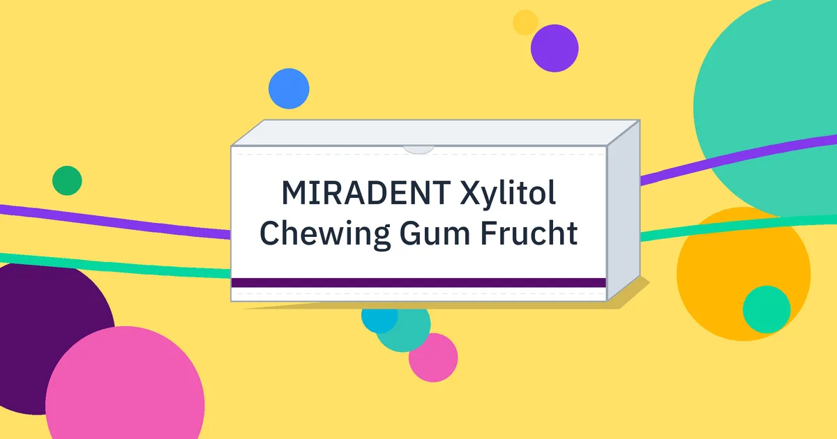 Symbolbild: Packung mit der Aufschrift MIRADENT Xylitol Chewing Gum Frucht (PZN 04323450) – Verfügbarkeit und Bezug in Apotheken in Frankfurt am Main