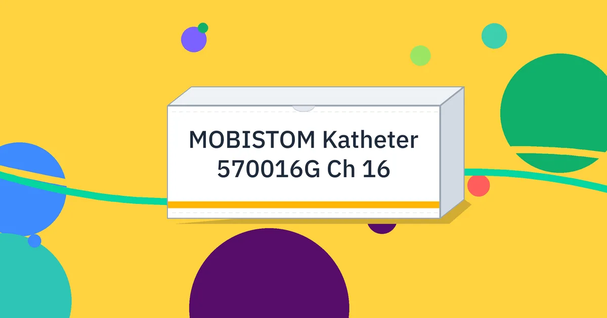 Symbolbild: Packung mit der Aufschrift MOBISTOM Katheter 570016G Ch 16 (PZN 07621308) – Verfügbarkeit und Bezug in Apotheken in Frankfurt am Main