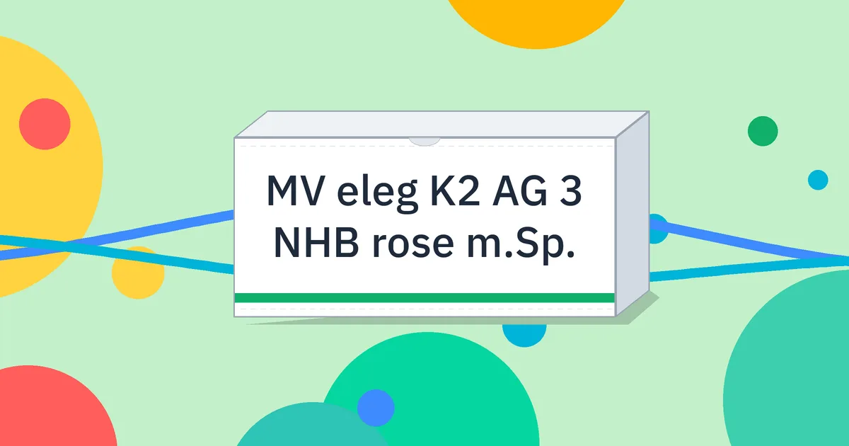 Symbolbild: Packung mit der Aufschrift MV eleg K2 AG 3 NHB rose m.Sp. (PZN 15730201) – Verfügbarkeit und Bezug in Apotheken in Frankfurt am Main