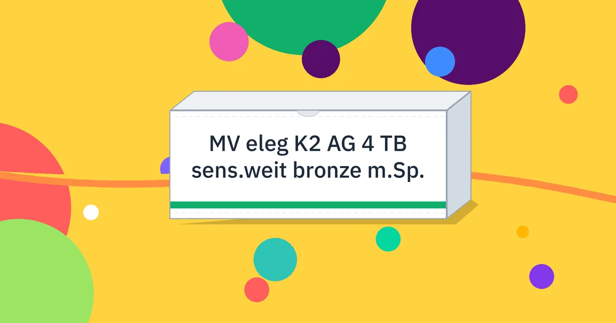 Symbolbild: Packung mit der Aufschrift MV eleg K2 AG 4 TB sens.weit bronze m.Sp. (PZN 14719108) – Verfügbarkeit und Bezug in Apotheken in Frankfurt am Main