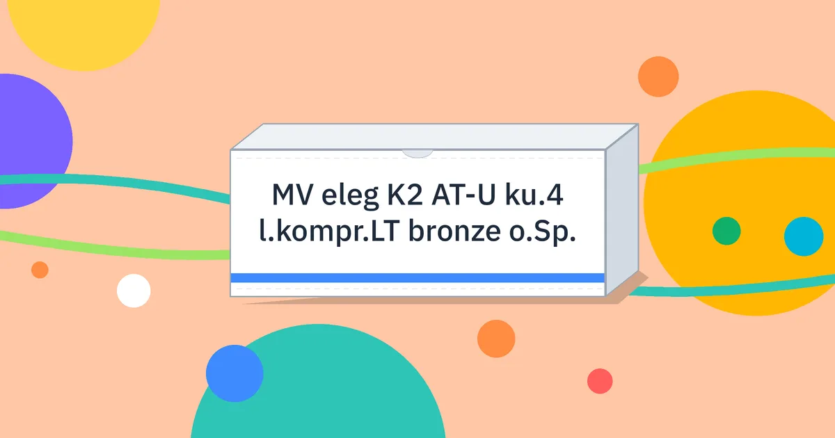 Symbolbild: Packung mit der Aufschrift MV eleg K2 AT-U ku.4 l.kompr.LT bronze o.Sp. (PZN 15291322) – Verfügbarkeit und Bezug in Apotheken in Frankfurt am Main
