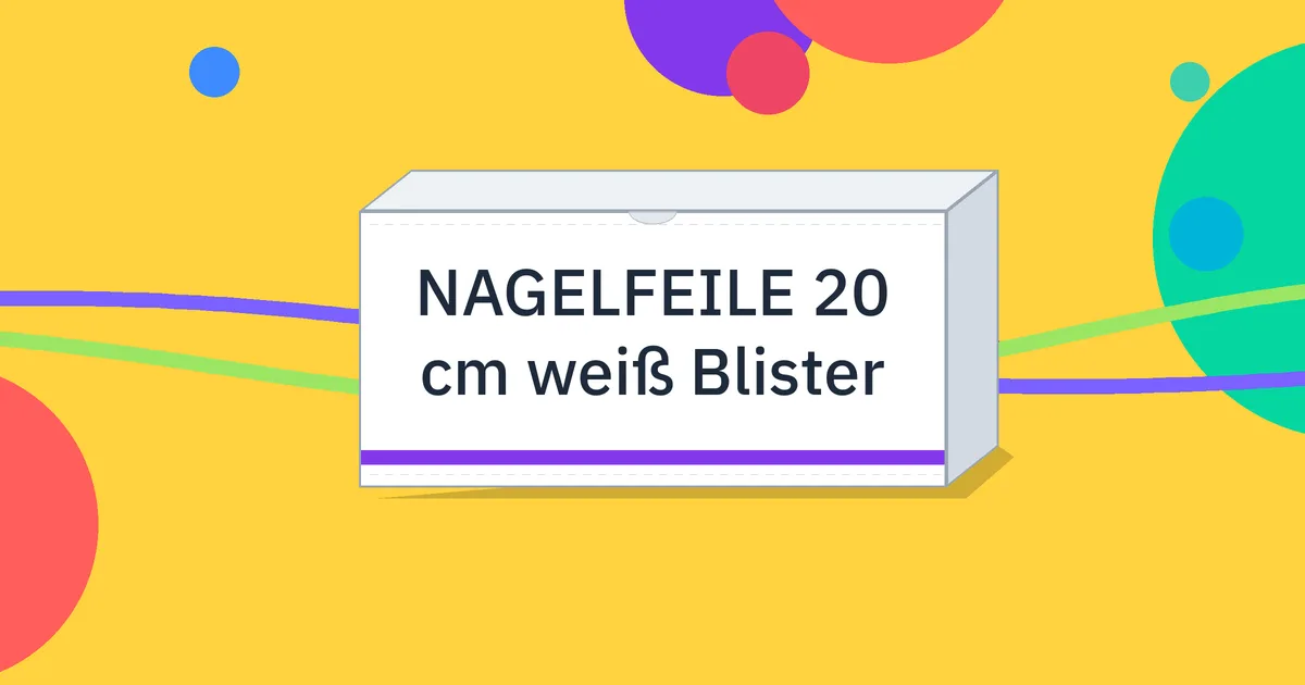 Symbolbild: Packung mit der Aufschrift NAGELFEILE 20 cm weiß Blister (PZN 10349689) – Verfügbarkeit und Bezug in Apotheken in Frankfurt am Main