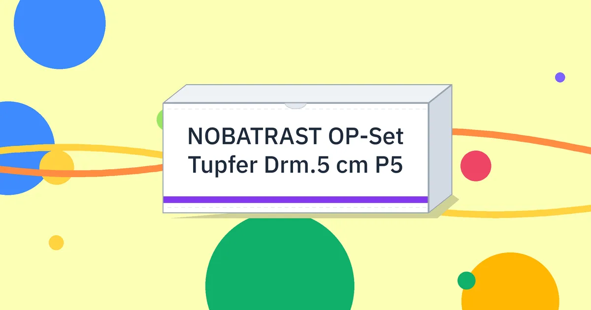 Symbolbild: Packung mit der Aufschrift NOBATRAST OP-Set Tupfer Drm.5 cm P5 (PZN 16945702) – Verfügbarkeit und Bezug in Apotheken in Frankfurt am Main