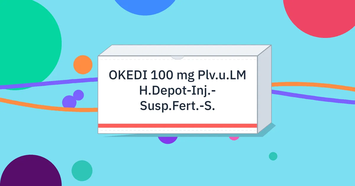 Symbolbild: Packung mit der Aufschrift OKEDI 100 mg Plv.u.LM H.Depot-Inj.-Susp.Fert.-S. (PZN 17617704) – Verfügbarkeit und Bezug in Apotheken in Frankfurt am Main