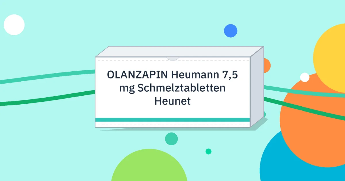 Symbolbild: Packung mit der Aufschrift OLANZAPIN Heumann 7,5 mg Schmelztabletten Heunet (PZN 09100105) – Verfügbarkeit und Bezug in Apotheken in Frankfurt am Main