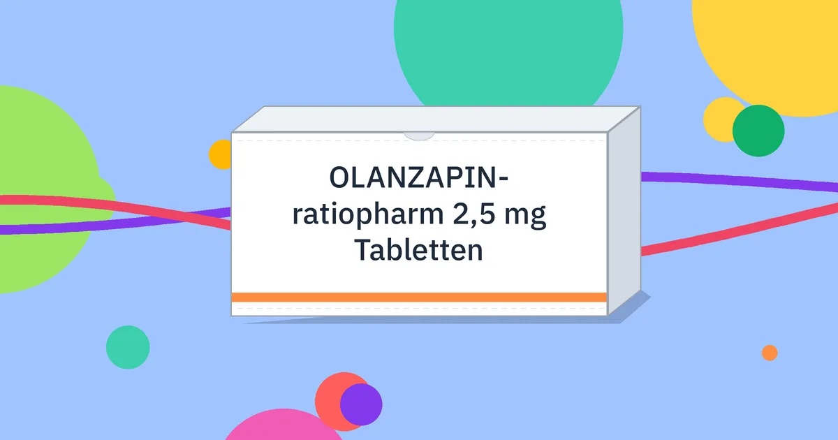Symbolbild: Packung mit der Aufschrift OLANZAPIN-ratiopharm 2,5 mg Tabletten (PZN 08474594) – Verfügbarkeit und Bezug in Apotheken in Frankfurt am Main