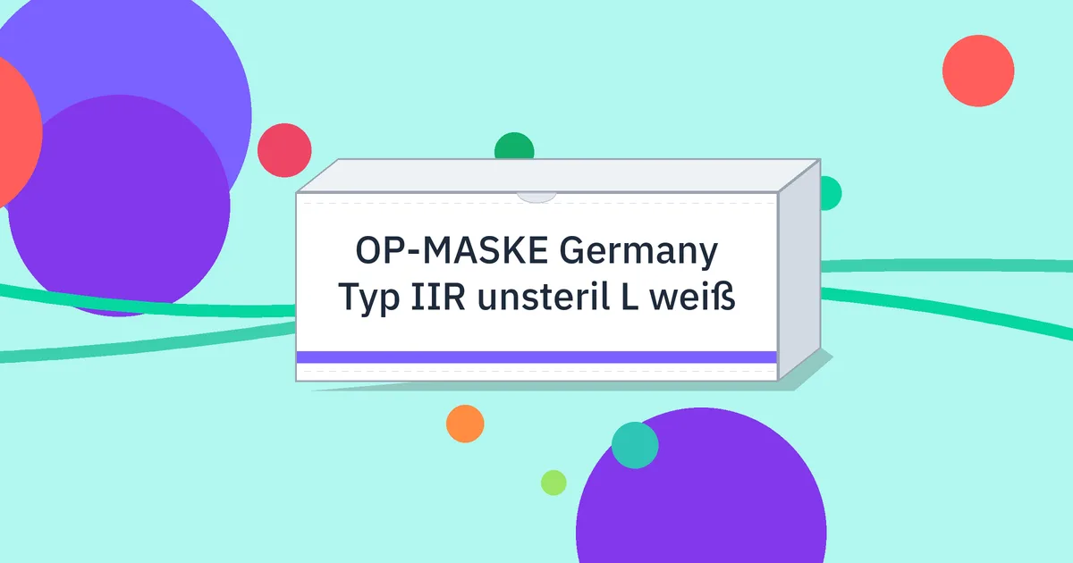 Symbolbild: Packung mit der Aufschrift OP-MASKE Germany Typ IIR unsteril L weiß (PZN 16841279) – Verfügbarkeit und Bezug in Apotheken in Frankfurt am Main