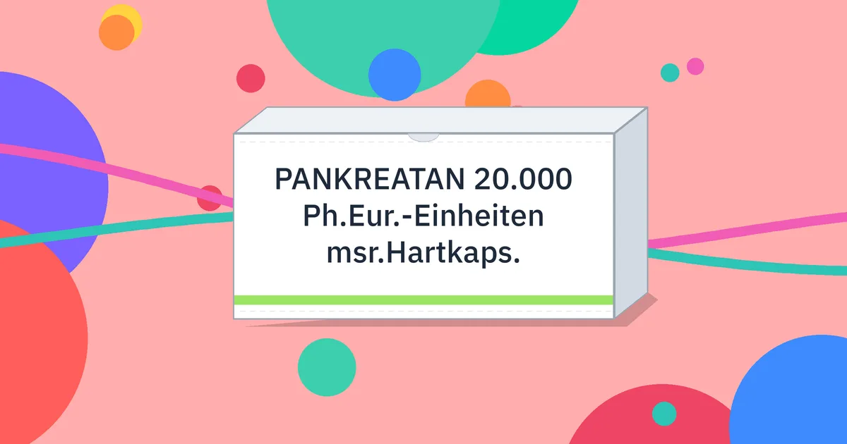 Symbolbild: Packung mit der Aufschrift PANKREATAN 20.000 Ph.Eur.-Einheiten msr.Hartkaps. (PZN 15427431) – Verfügbarkeit und Bezug in Apotheken in Frankfurt am Main