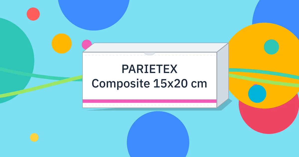 Symbolbild: Packung mit der Aufschrift PARIETEX Composite 15x20 cm (PZN 00229688) – Verfügbarkeit und Bezug in Apotheken in Frankfurt am Main
