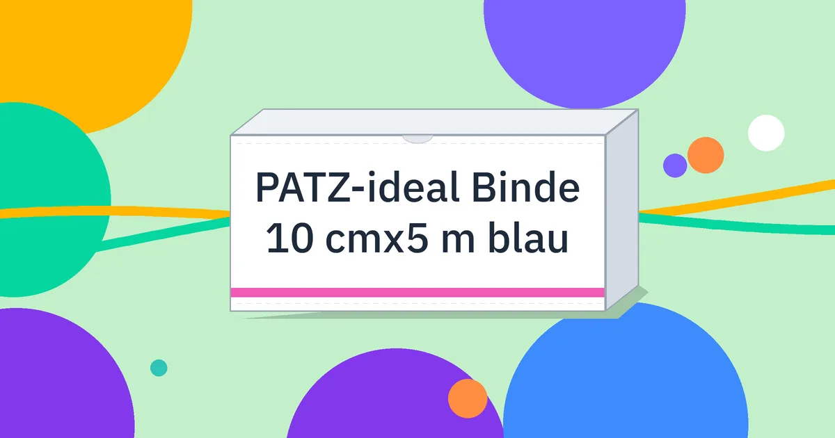 Symbolbild: Packung mit der Aufschrift PATZ-ideal Binde 10 cmx5 m blau (PZN 06813922) – Verfügbarkeit und Bezug in Apotheken in Frankfurt am Main
