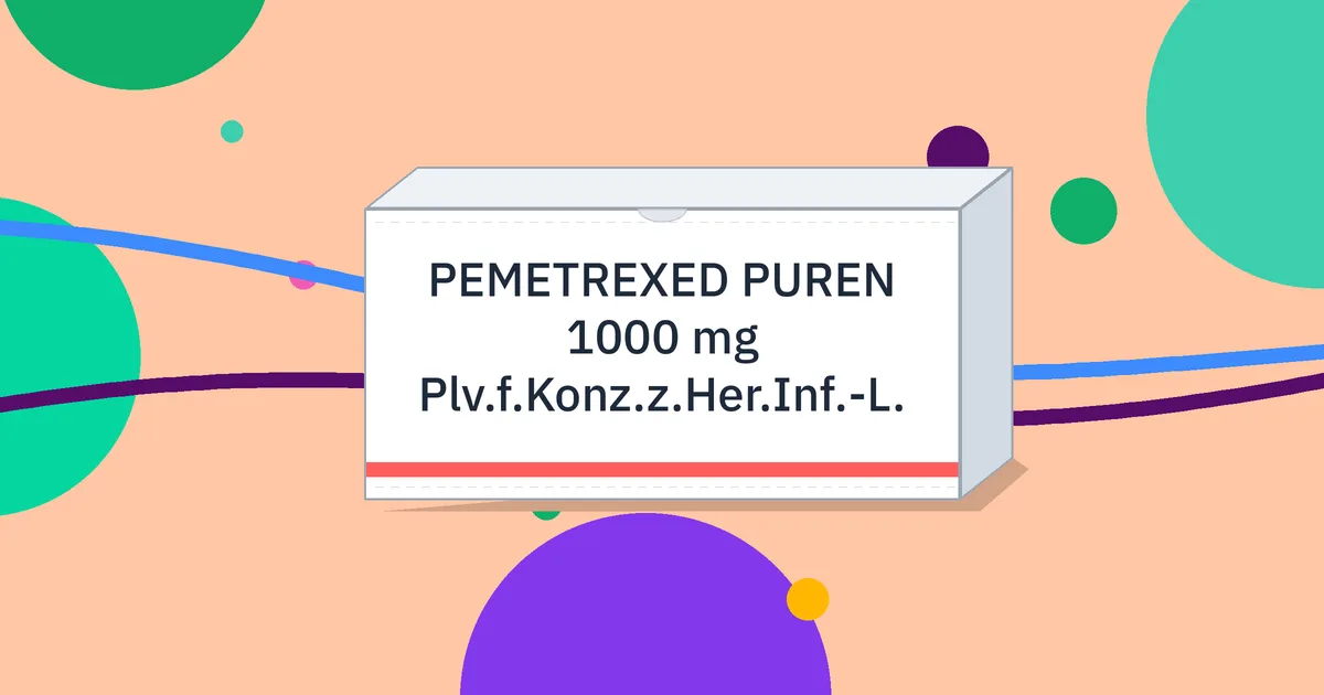 Symbolbild: Packung mit der Aufschrift PEMETREXED PUREN 1000 mg Plv.f.Konz.z.Her.Inf.-L. (PZN 19132833) – Verfügbarkeit und Bezug in Apotheken in Frankfurt am Main