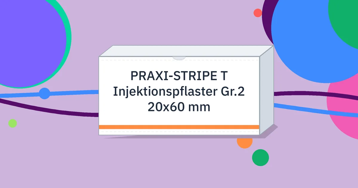 Symbolbild: Packung mit der Aufschrift PRAXI-STRIPE T Injektionspflaster Gr.2 20x60 mm (PZN 12827822) – Verfügbarkeit und Bezug in Apotheken in Frankfurt am Main