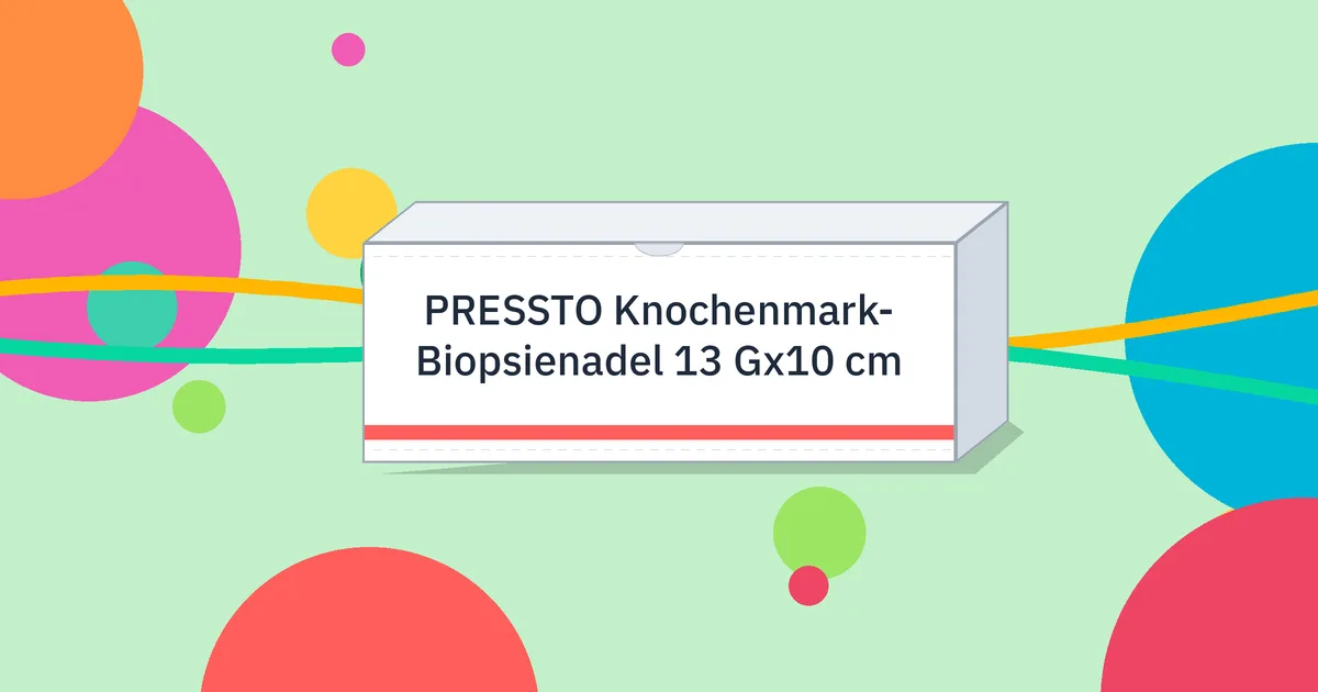 Symbolbild: Packung mit der Aufschrift PRESSTO Knochenmark-Biopsienadel 13 Gx10 cm (PZN 14384180) – Verfügbarkeit und Bezug in Apotheken in Frankfurt am Main
