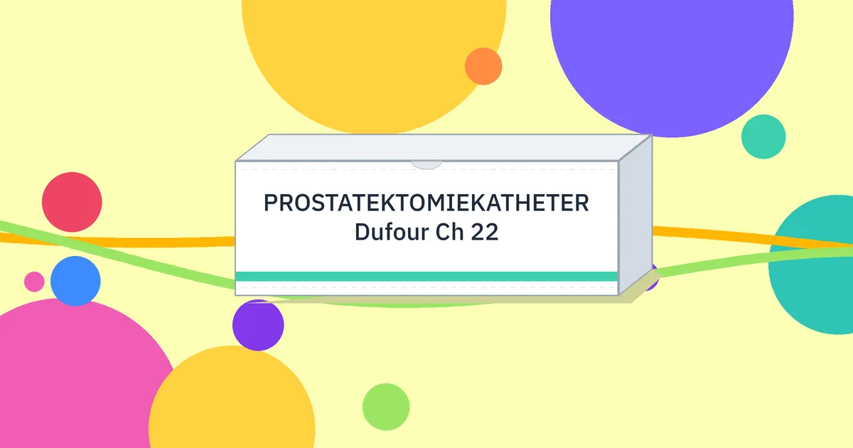 Symbolbild: Packung mit der Aufschrift PROSTATEKTOMIEKATHETER Dufour Ch 22 (PZN 07573213) – Verfügbarkeit und Bezug in Apotheken in Frankfurt am Main