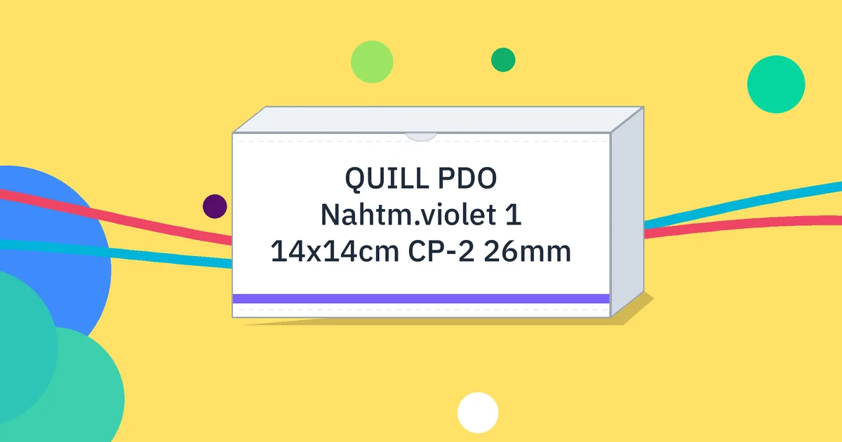 Symbolbild: Packung mit der Aufschrift QUILL PDO Nahtm.violet 1 14x14cm CP-2 26mm (PZN 17989297) – Verfügbarkeit und Bezug in Apotheken in Frankfurt am Main
