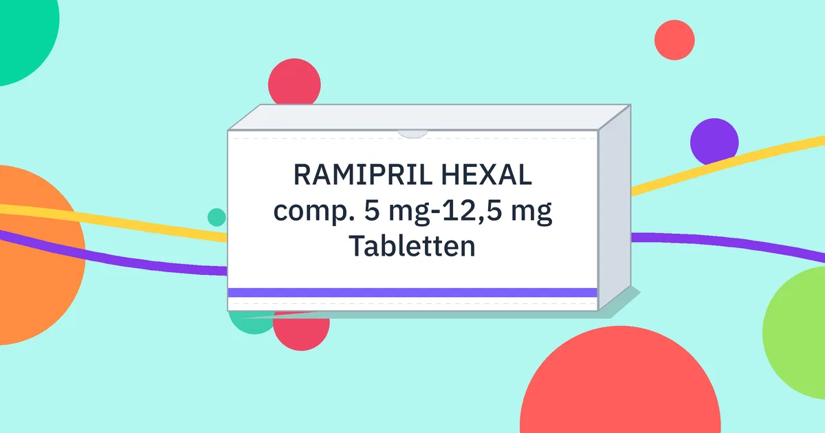 Symbolbild: Packung mit der Aufschrift RAMIPRIL HEXAL comp. 5 mg-12,5 mg Tabletten (PZN 06132607) – Verfügbarkeit und Bezug in Apotheken in Frankfurt am Main