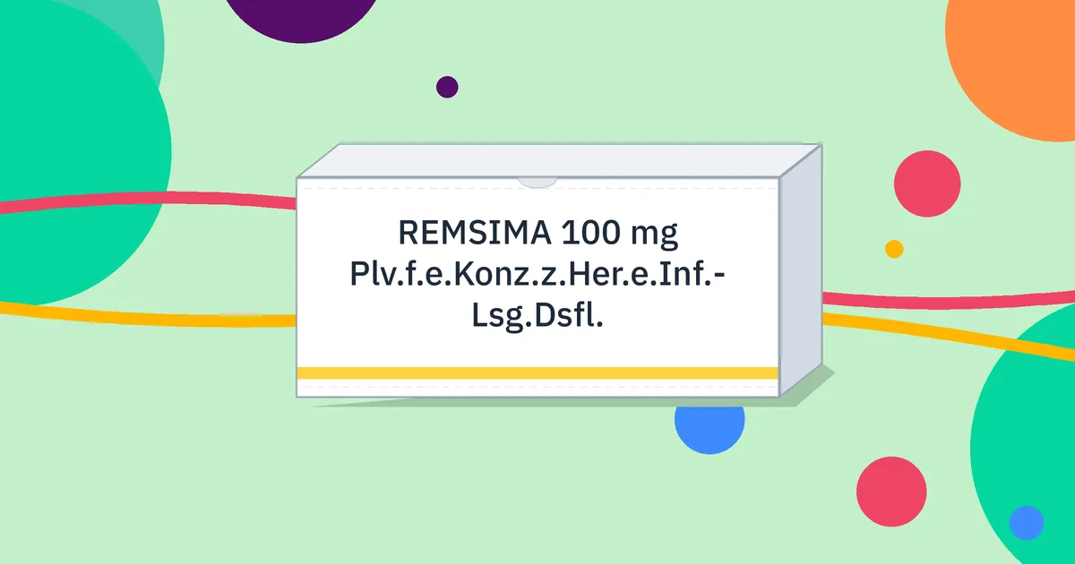 Symbolbild: Packung mit der Aufschrift REMSIMA 100 mg Plv.f.e.Konz.z.Her.e.Inf.-Lsg.Dsfl. (PZN 15617232) – Verfügbarkeit und Bezug in Apotheken in Frankfurt am Main