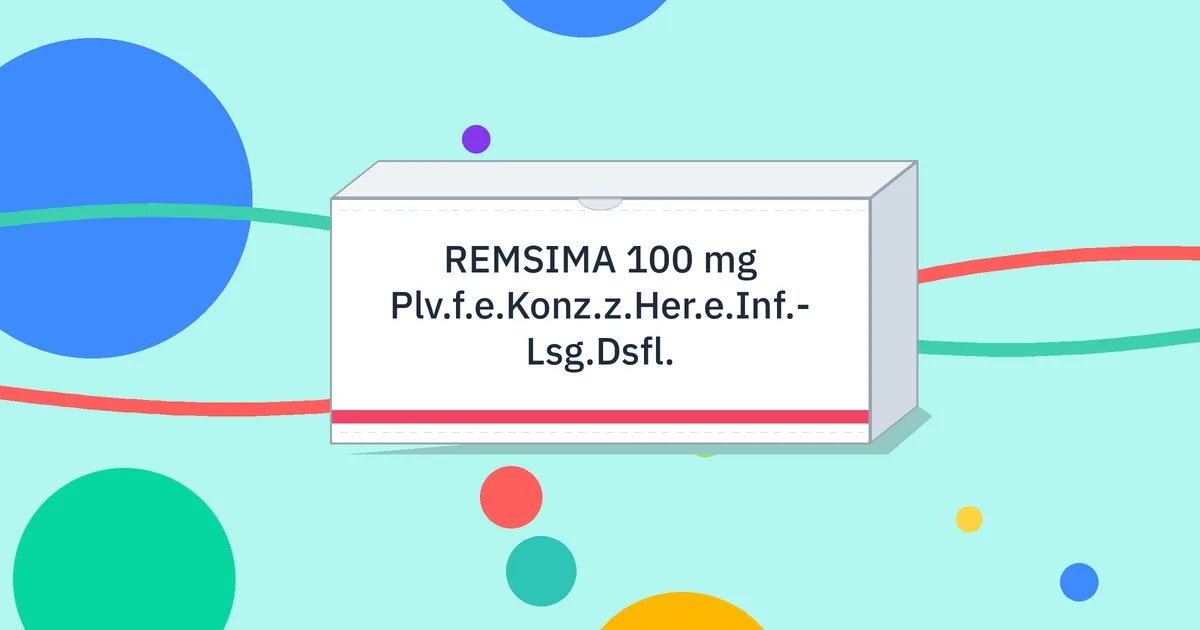Symbolbild: Packung mit der Aufschrift REMSIMA 100 mg Plv.f.e.Konz.z.Her.e.Inf.-Lsg.Dsfl. (PZN 17559556) – Verfügbarkeit und Bezug in Apotheken in Frankfurt am Main