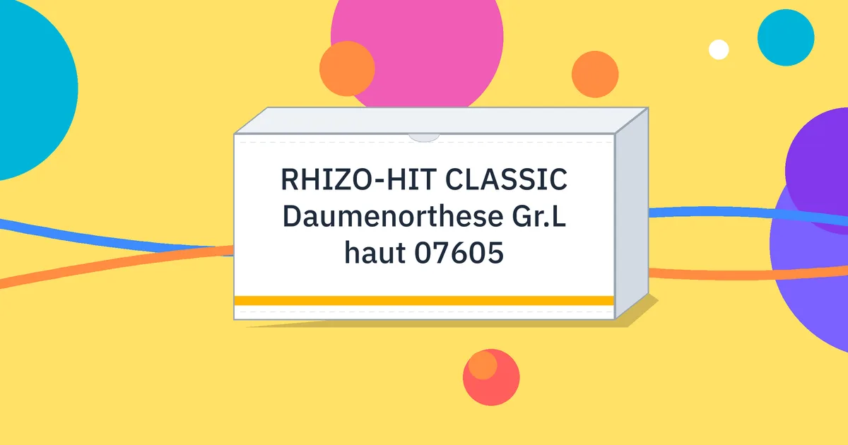 Symbolbild: Packung mit der Aufschrift RHIZO-HIT CLASSIC Daumenorthese Gr.L haut 07605 (PZN 02461805) – Verfügbarkeit und Bezug in Apotheken in Frankfurt am Main