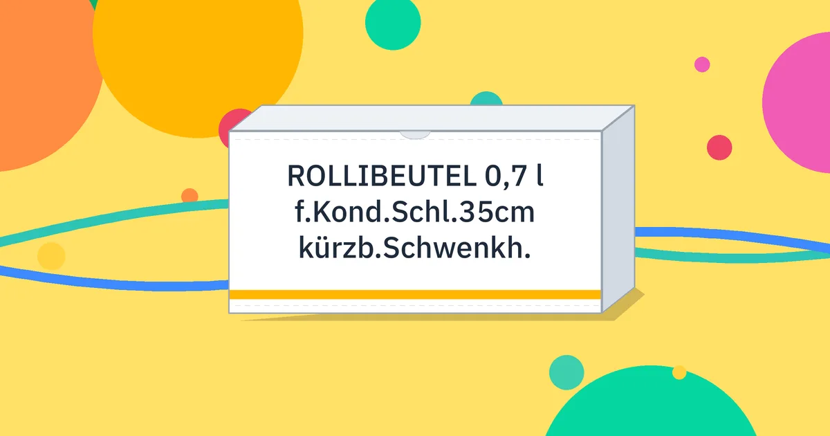 Symbolbild: Packung mit der Aufschrift ROLLIBEUTEL 0,7 l f.Kond.Schl.35cm kürzb.Schwenkh. (PZN 06095214) – Verfügbarkeit und Bezug in Apotheken in Frankfurt am Main