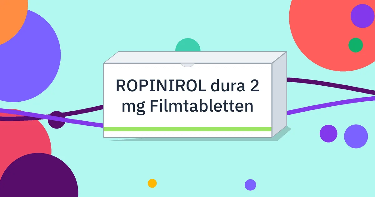 Symbolbild: Packung mit der Aufschrift ROPINIROL dura 2 mg Filmtabletten (PZN 02092986) – Verfügbarkeit und Bezug in Apotheken in Frankfurt am Main