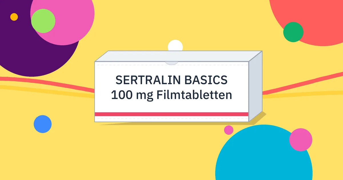 Symbolbild: Packung mit der Aufschrift SERTRALIN BASICS 100 mg Filmtabletten (PZN 12529289) – Verfügbarkeit und Bezug in Apotheken in Frankfurt am Main