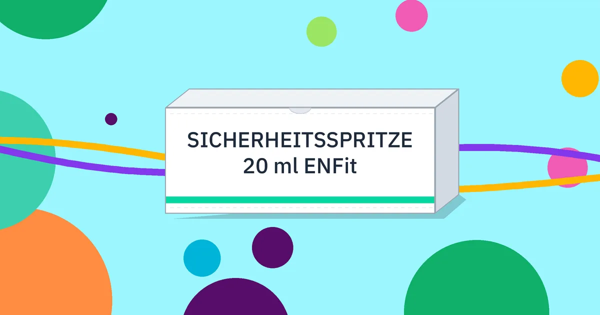 Symbolbild: Packung mit der Aufschrift SICHERHEITSSPRITZE 20 ml ENFit (PZN 12339910) – Verfügbarkeit und Bezug in Apotheken in Frankfurt am Main