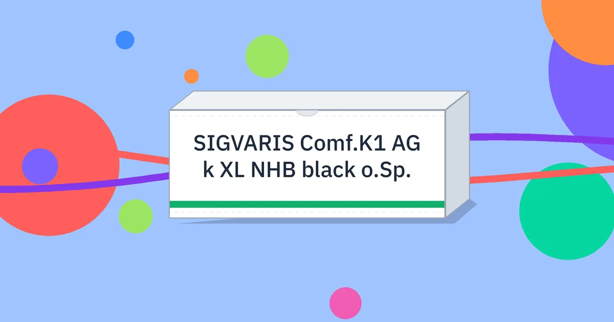 Symbolbild: Packung mit der Aufschrift SIGVARIS Comf.K1 AG k XL NHB black o.Sp. (PZN 17099652) – Verfügbarkeit und Bezug in Apotheken in Frankfurt am Main