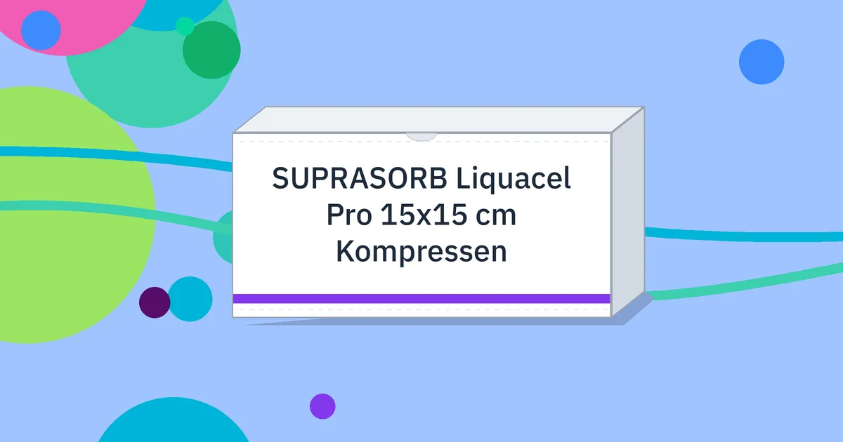 Symbolbild: Packung mit der Aufschrift SUPRASORB Liquacel Pro 15x15 cm Kompressen (PZN 19296204) – Verfügbarkeit und Bezug in Apotheken in Frankfurt am Main