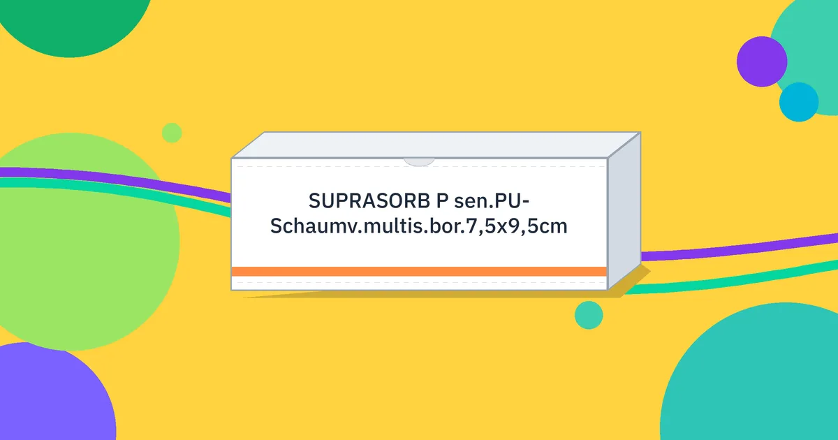 Symbolbild: Packung mit der Aufschrift SUPRASORB P sen.PU-Schaumv.multis.bor.7,5x9,5cm (PZN 20543352) – Verfügbarkeit und Bezug in Apotheken in Frankfurt am Main