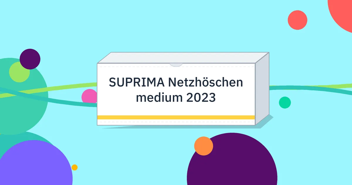 Symbolbild: Packung mit der Aufschrift SUPRIMA Netzhöschen medium 2023 (PZN 07672228) – Verfügbarkeit und Bezug in Apotheken in Frankfurt am Main