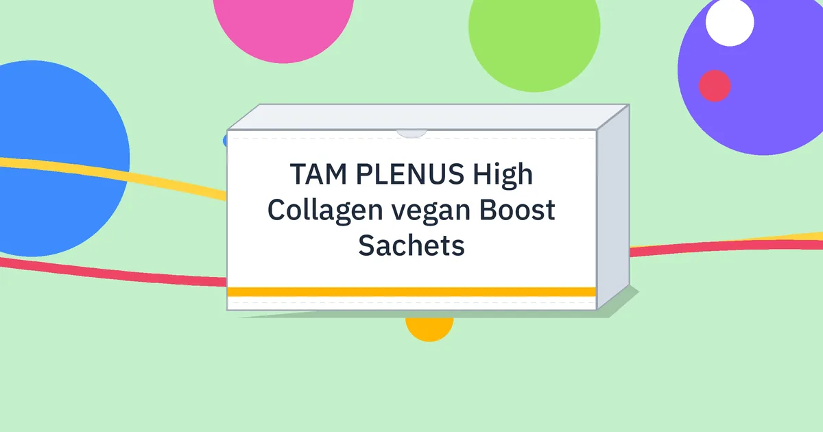 Symbolbild: Packung mit der Aufschrift TAM PLENUS High Collagen vegan Boost Sachets (PZN 19622299) – Verfügbarkeit und Bezug in Apotheken in Frankfurt am Main