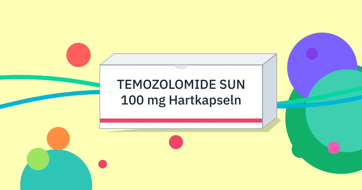 Symbolbild: Packung mit der Aufschrift TEMOZOLOMIDE SUN 100 mg Hartkapseln (PZN 18671485) – Verfügbarkeit und Bezug in Apotheken in Frankfurt am Main