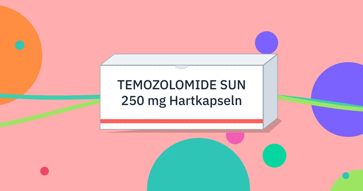 Symbolbild: Packung mit der Aufschrift TEMOZOLOMIDE SUN 250 mg Hartkapseln (PZN 19705223) – Verfügbarkeit und Bezug in Apotheken in Frankfurt am Main