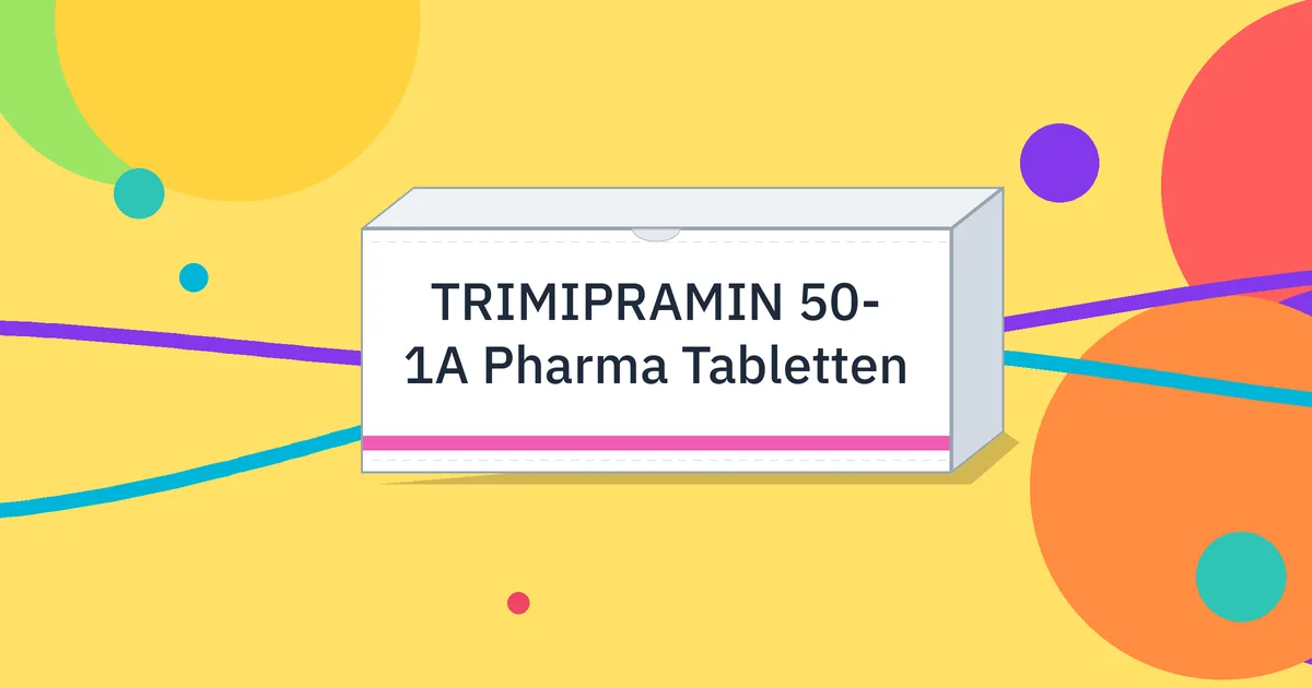 Symbolbild: Packung mit der Aufschrift TRIMIPRAMIN 50-1A Pharma Tabletten (PZN 00278497) – Verfügbarkeit und Bezug in Apotheken in Frankfurt am Main