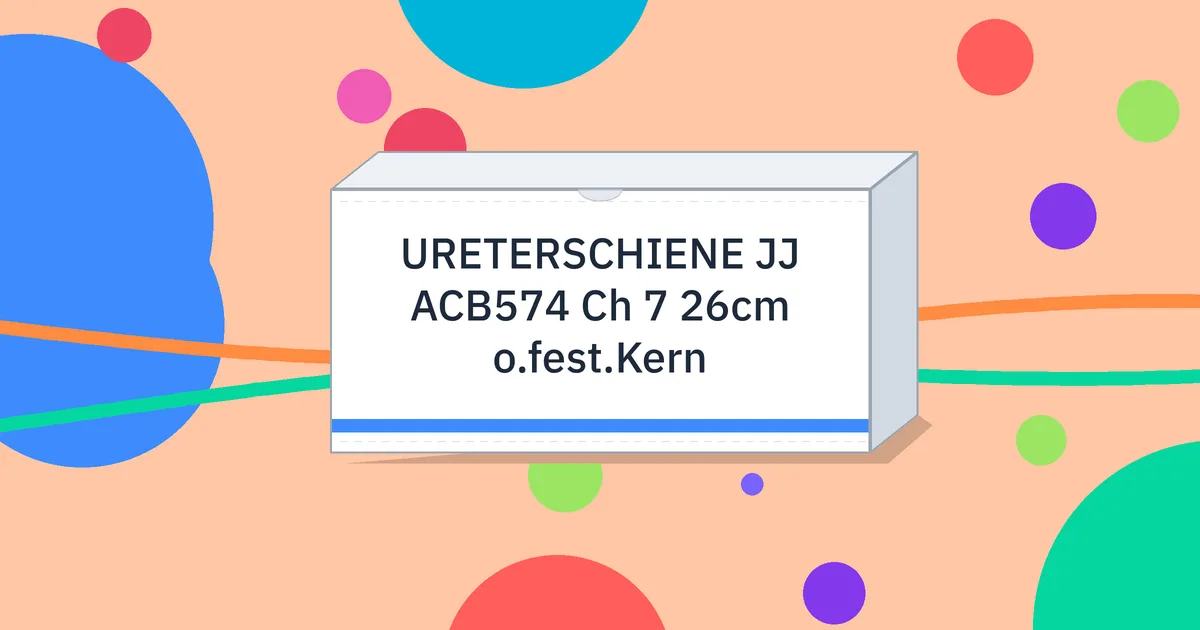 Symbolbild: Packung mit der Aufschrift URETERSCHIENE JJ ACB574 Ch 7 26cm o.fest.Kern (PZN 00543930) – Verfügbarkeit und Bezug in Apotheken in Frankfurt am Main