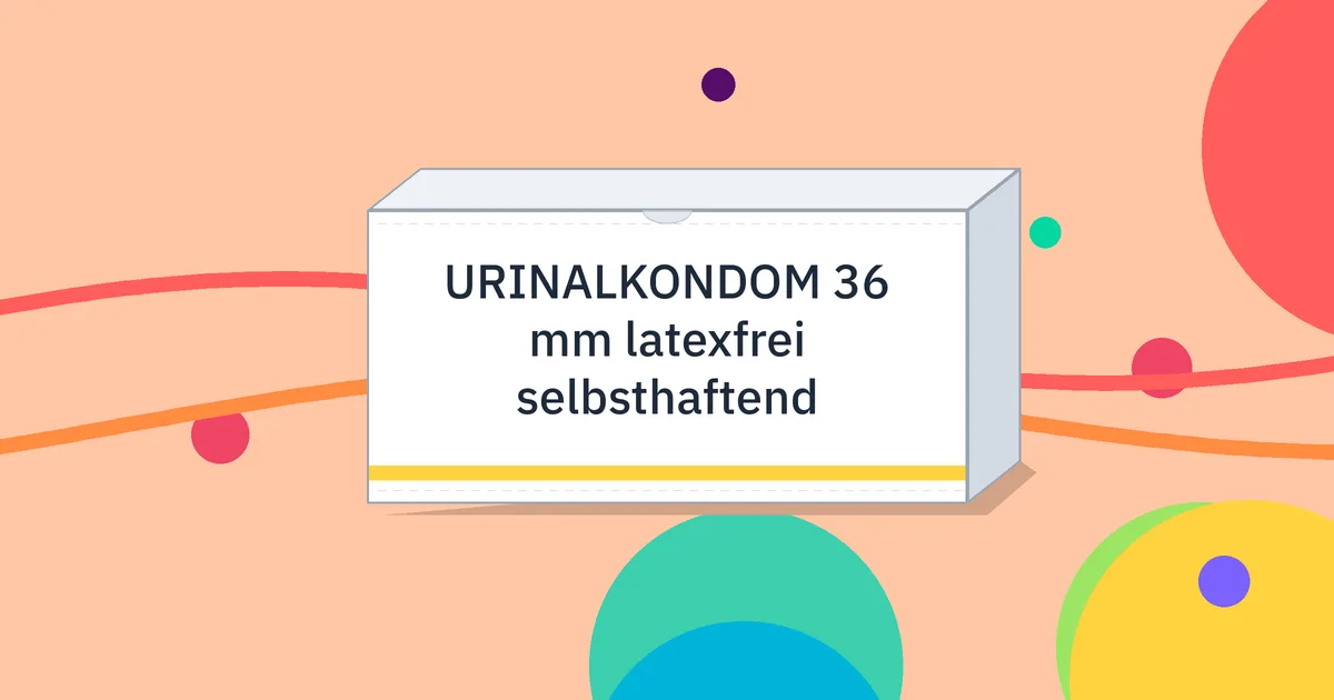 Symbolbild: Packung mit der Aufschrift URINALKONDOM 36 mm latexfrei selbsthaftend (PZN 11351174) – Verfügbarkeit und Bezug in Apotheken in Frankfurt am Main